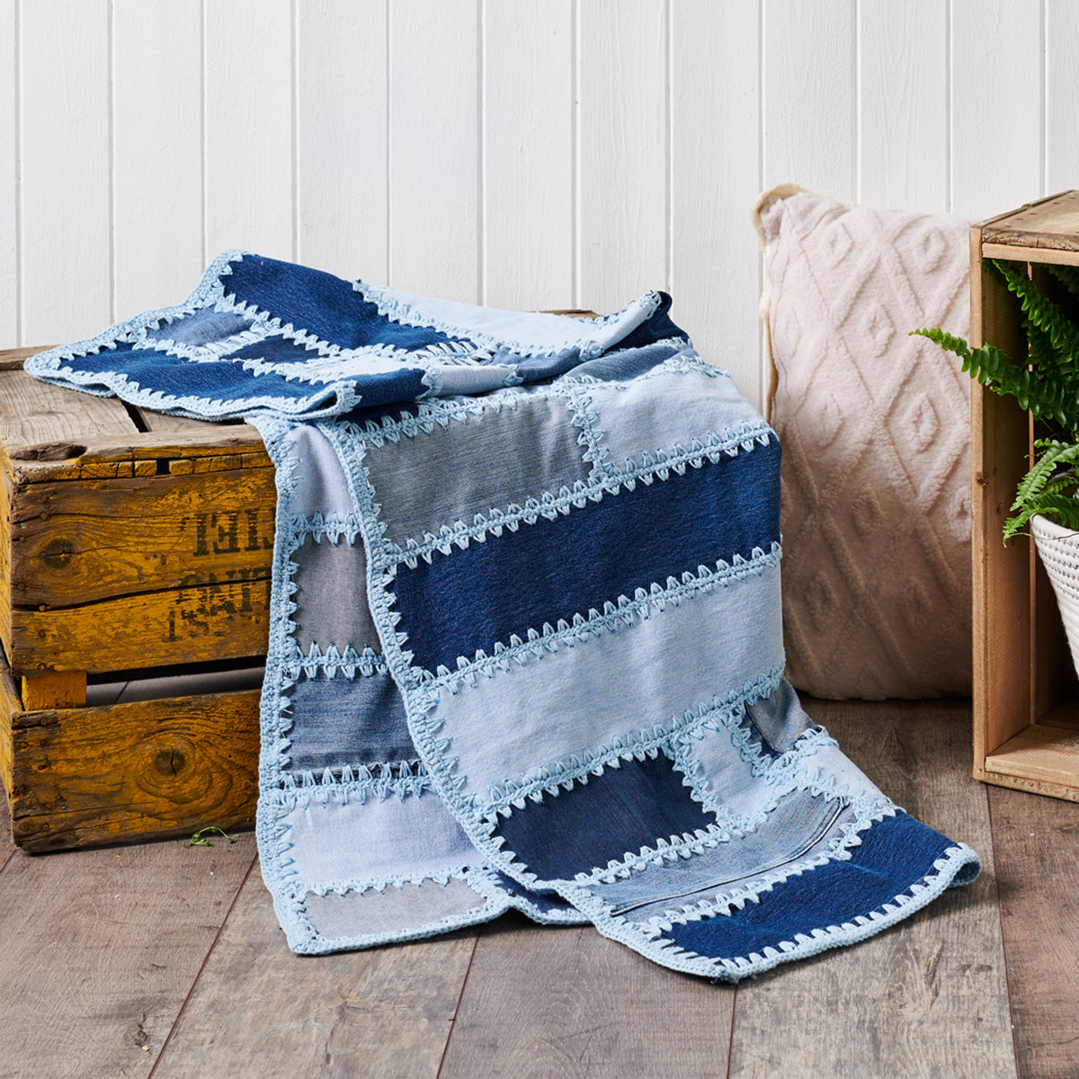 Upcycled denim patchwork blanket crochet pattern PDF – Gathered